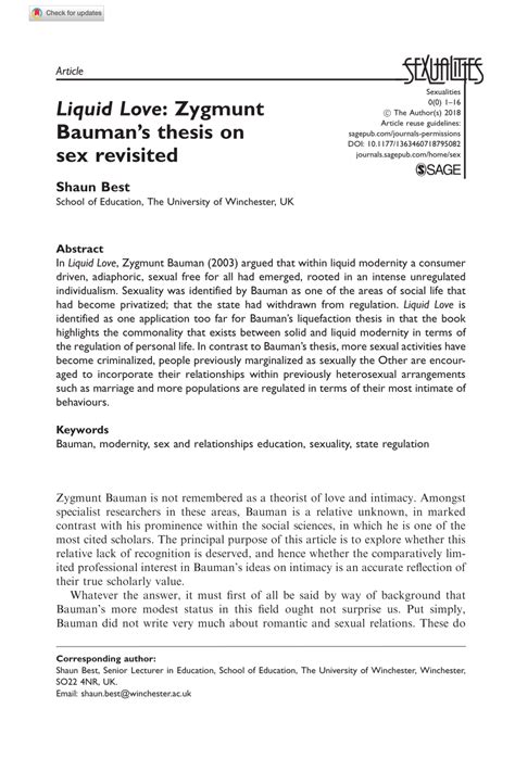 Pdf Liquid Love Zygmunt Baumans Thesis On Sex Revisited