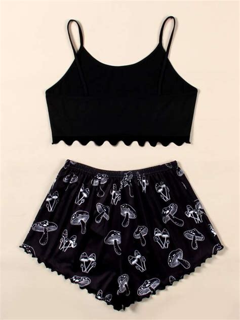 Mushroom Print Lettuce Trim Cami Pj Set Shein Usa