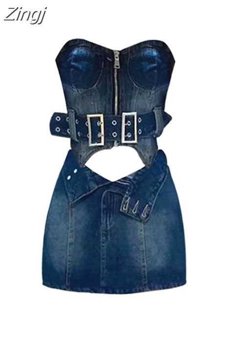 Zingj Womens Summer Denim Two Piece Set Suit Zipper Short Sleeve