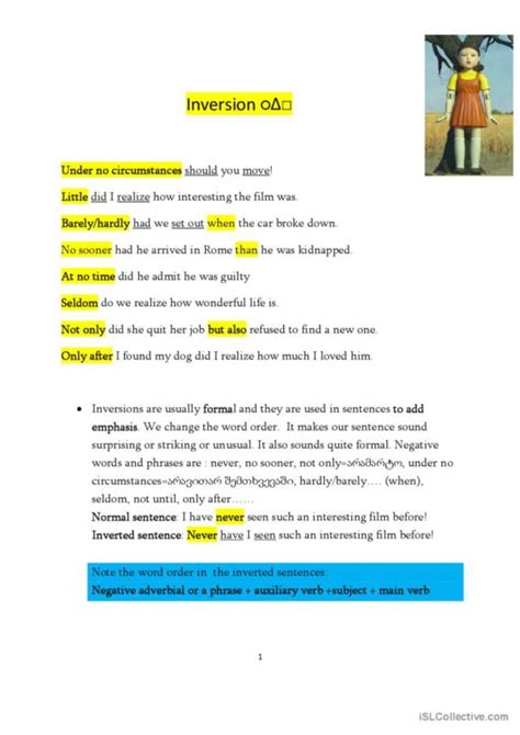 1 Inversion Inverted Word Order Grammar Exercises With Pi…