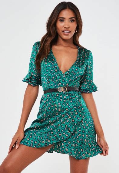 Missguided Teal Leopard Print Satin Flutter Sleeve Wrap Dress