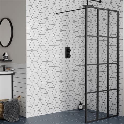Grade A2 Black 1000 Grid Wet Room Shower Screen With Wall Support Bar