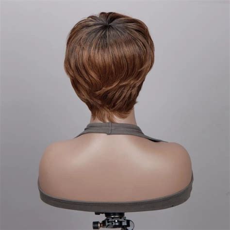 Ombre Caramel Brown Short Pixie Cut Wig Straight Human Hair Glueless