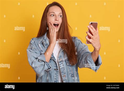 Close Up Portrait Of Cute Lovely Woman Taking Selfie Posing Over