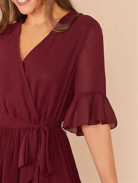 Shein Surplice Neck Layered Plisse Ruffle Hem Belted Dress Shein Usa