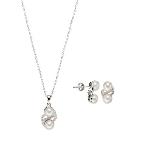 Sterling Silver Freshwater Cultured Pearl And Cubic Zirconia Jewelry Set