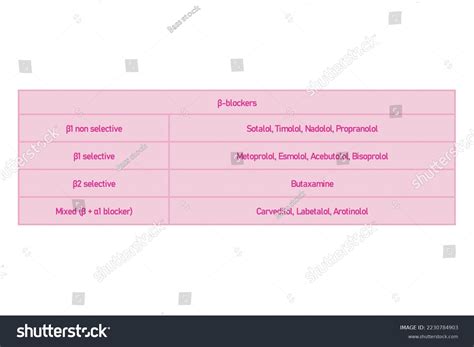 Table Showing Classification Adrenergic Receptor Blockers Stock Vector