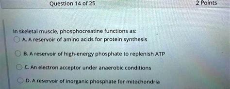 Solved Question 14 Of 25 2 Points In Skeletal Muscle Phosphocreatine
