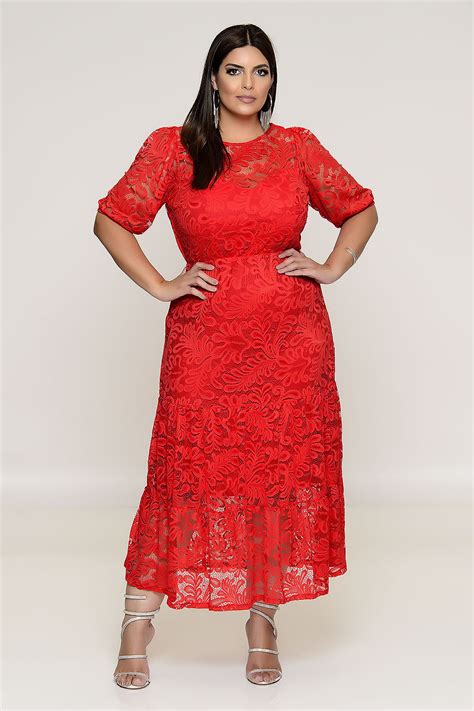 Vestido Plus Size Em Renda Delicada Vermelho Vk Moda Plus Size