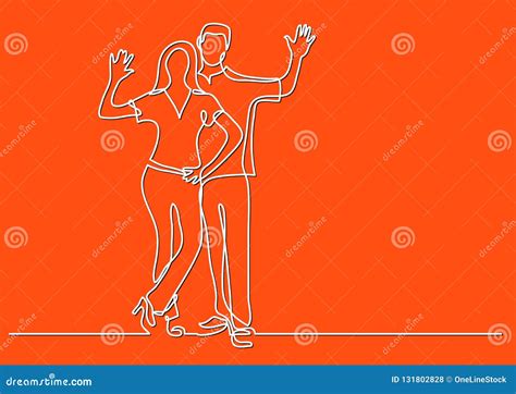 Continuous Line Drawing Of Happy Couple Waving Hello Stock Vector