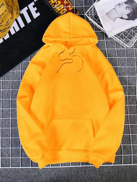 Shein Ezwear Solid Kangaroo Pocket Drawstring Thermal Lined Hoodie