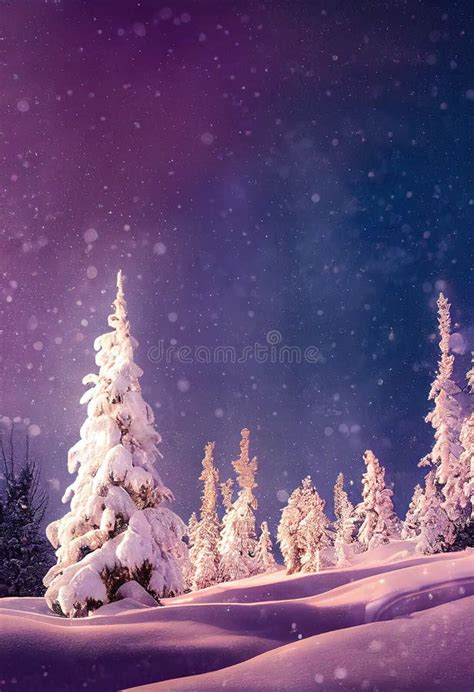 Snow Covered Fir Trees In A Snowfall On A Winter Night Christmas