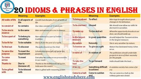 20 Idioms And Phrases In English Idioms Meanings And Examples