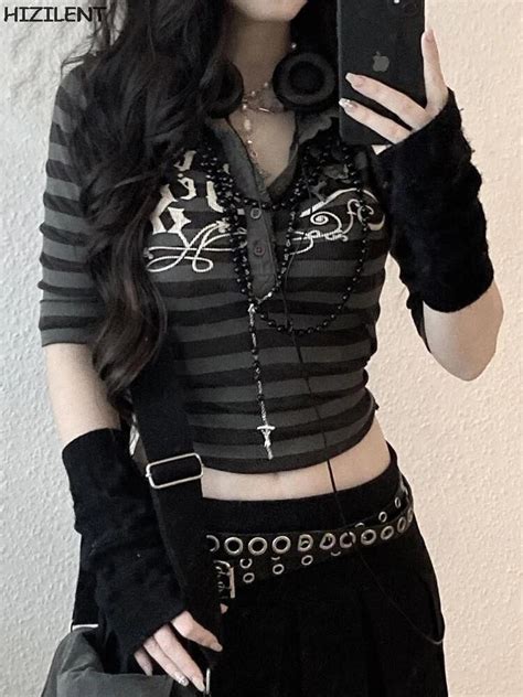 Goth Print Tops Stripe Cute Y2k T Shirts Dark Academia Techwear Button