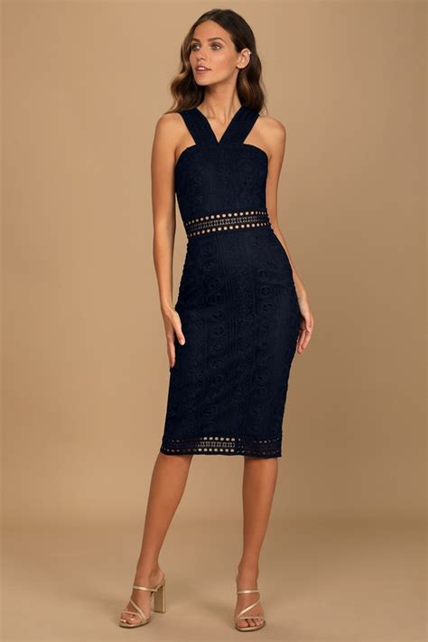 Navy Blue Midi Dress Crochet Lace Dress Sleeveless Dress Lulus