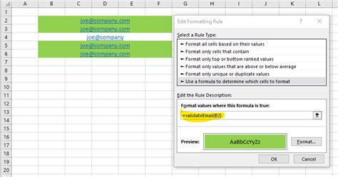 excel adding conditional formatting with email validation macro