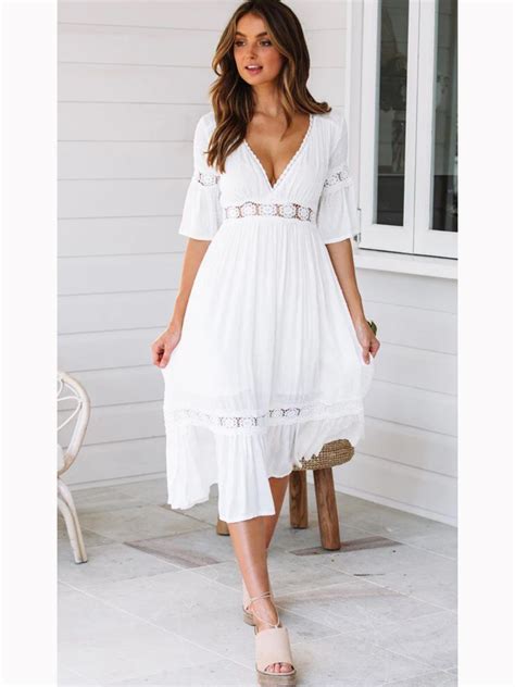 Fitshinling Lace Splice Boho White Dresses For Women Summer New In A