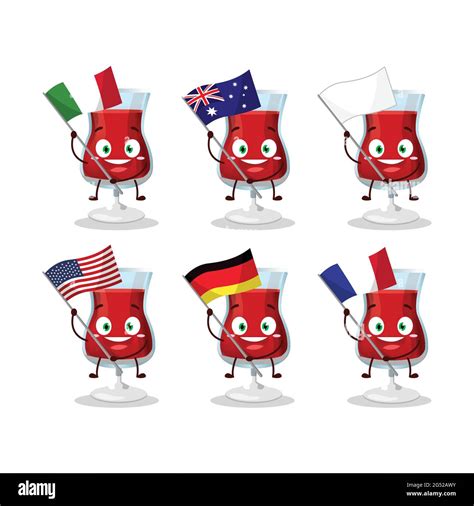 Red Wine Cartoon Character Bring The Flags Of Various Countries Vector
