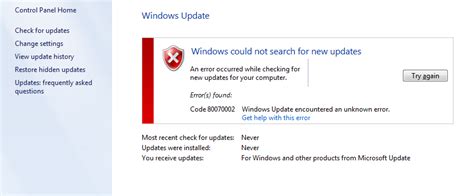keep getting an error code 80070002 with windows update microsoft