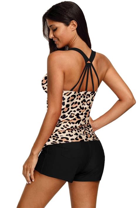 Aja Womens Printed Stripes Strappy Racerback Tankini Swim Top Leopard