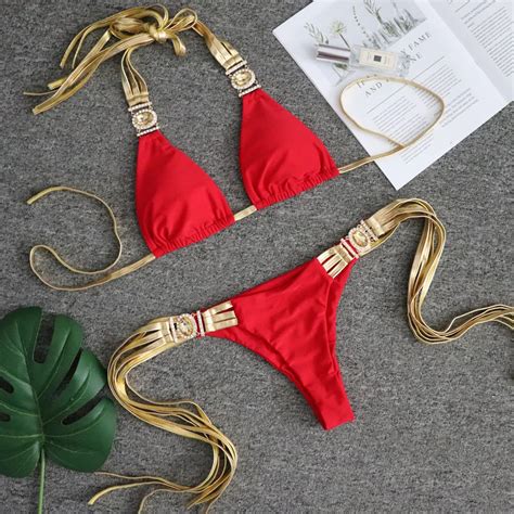 Sexy Crystal Bikini Set Push Up Bra Brazilian Tassel Swimwear Women