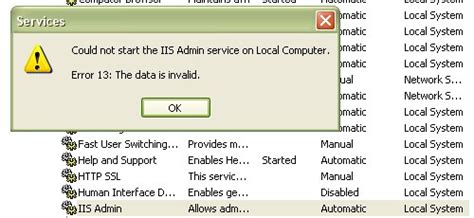 unable to start the iis admin service on local computer error 13