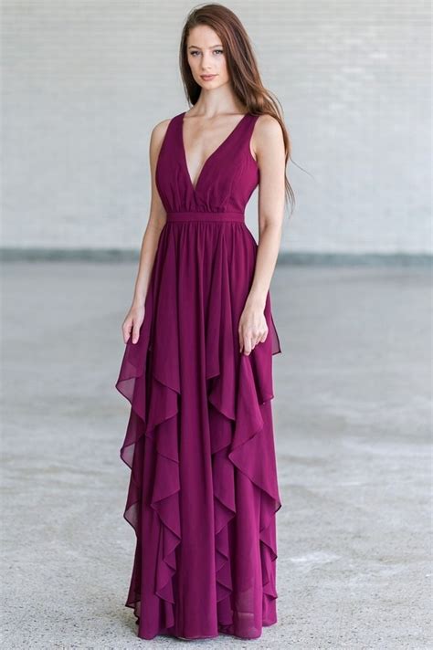 Plum Purple Ruffle Maxi Bridesmaid Dress Plum Purple Prom Dress Online