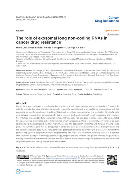 Pdf The Role Of Exosomal Long Non Coding Rnas In Cancer Drug Resistance