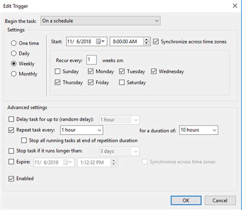 how to schedule a task with powershell to run every hour monday to