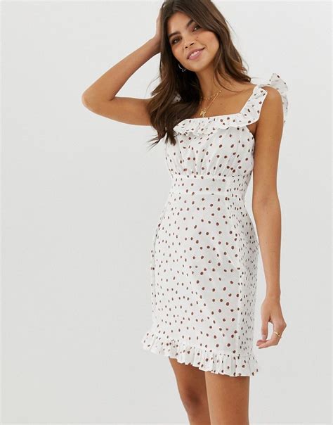 Asos Design Shirred Mini Sundress With Frill In Polka Dot Mini