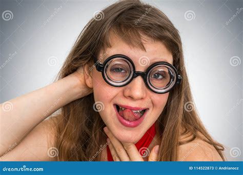 Funny Nerd Or Geek Woman With Sexual Expression On Face Stock Image