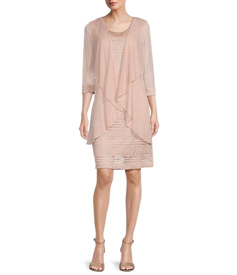 R And M Richards Glitter Lace Beaded Scoop Neck 3 4 Sleeve 2 Piece
