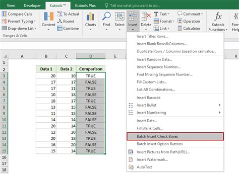 como converter true false em checkbox no excel