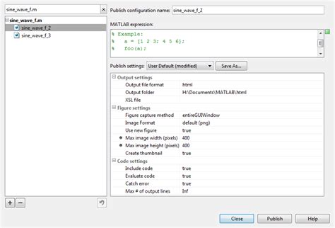 output preferences for publishing matlab and simulink