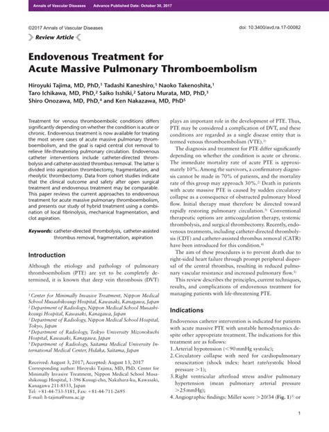 Pdf Endovenous Treatment For Acute Massive Pulmonary Thromboembolism