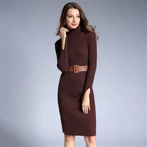 With Belt Turtleneck Knitted Sweater Dress Women 2018 Autumn Winter