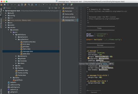 working with semantic ui full build less variables ides support