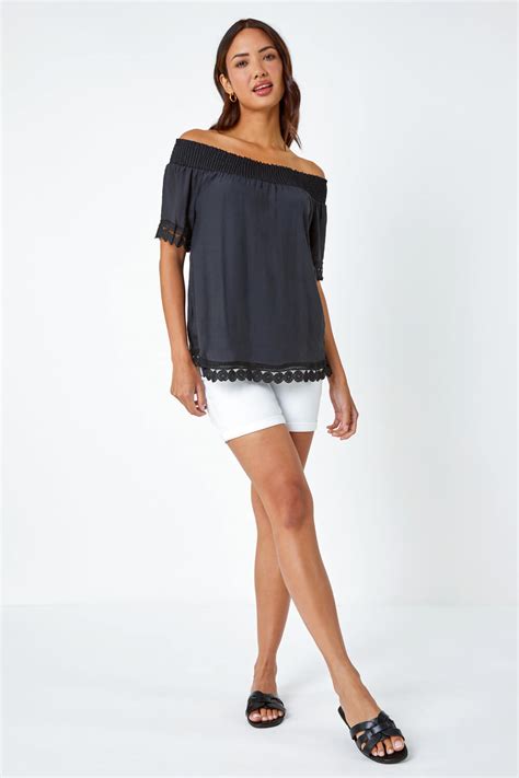 Black Lace Detail Shirred Bardot Top Roman Uk