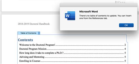 when i try to update a toc in word documents i get the error message