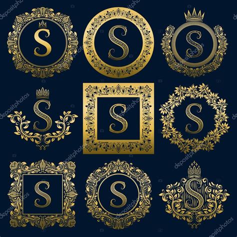 Conjunto De Monogramas Vintage De Letra S Logotipos Heráldicos Dorados