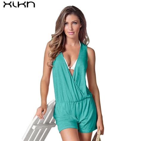 Xikn Women Romper Beach Jumpsuits Backless Cotton Jumpsuit Deep V Neck