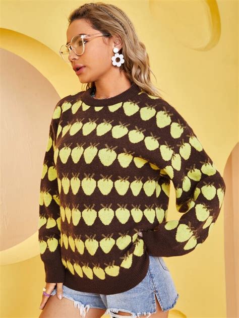 Shein Qutie Drop Shoulder Allover Strawberry Pattern Sweater Shein Usa