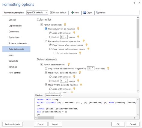 sql formatting standards joins lists structure operations
