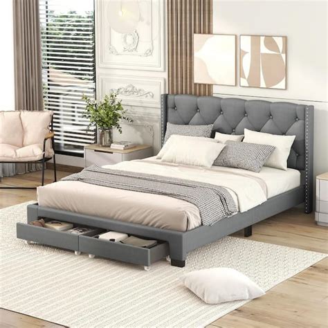 Polibi Gray Wood Frame Queen Size Linen Upholstered Platform Bed With 2