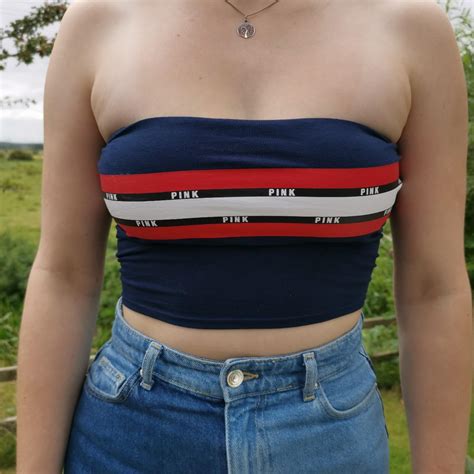 Victoria Secret Pink Navy Bandeau Top With Red And Depop