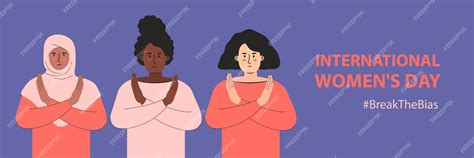 偏見を打ち破る女性の国際的な日異なる肌の色を持つグループの女性が腕を組む プレミアムベクター