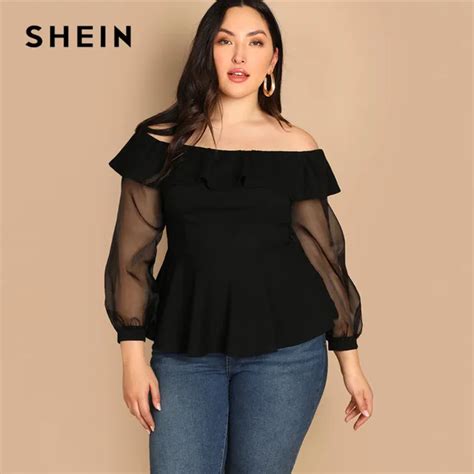 Shein Black Plus Size Ruffle Trim Off The Shoulder Sheer Mesh Long