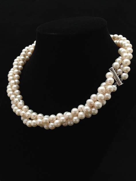 Twisted Triple Strand Pearl Necklace Aa Multi Strand Genuine Pearl