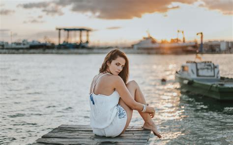 Wallpaper Women Osman Bendezu Brunette Brown Eyes White Dress