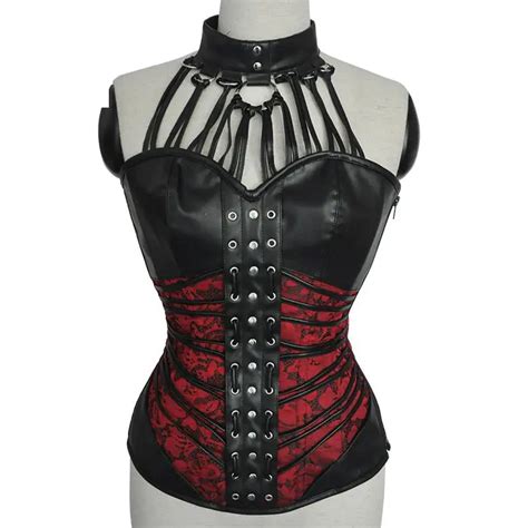 Red Brocade Black Leather Strappy Halter Armor Steampunk Corset Gothic